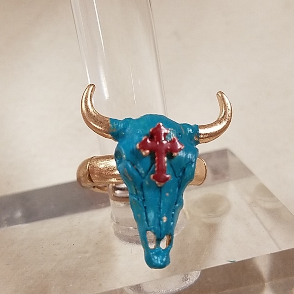 Jewelry | Turquoise Cow Skull Gold Tone Adjustable Ring | Poshmark